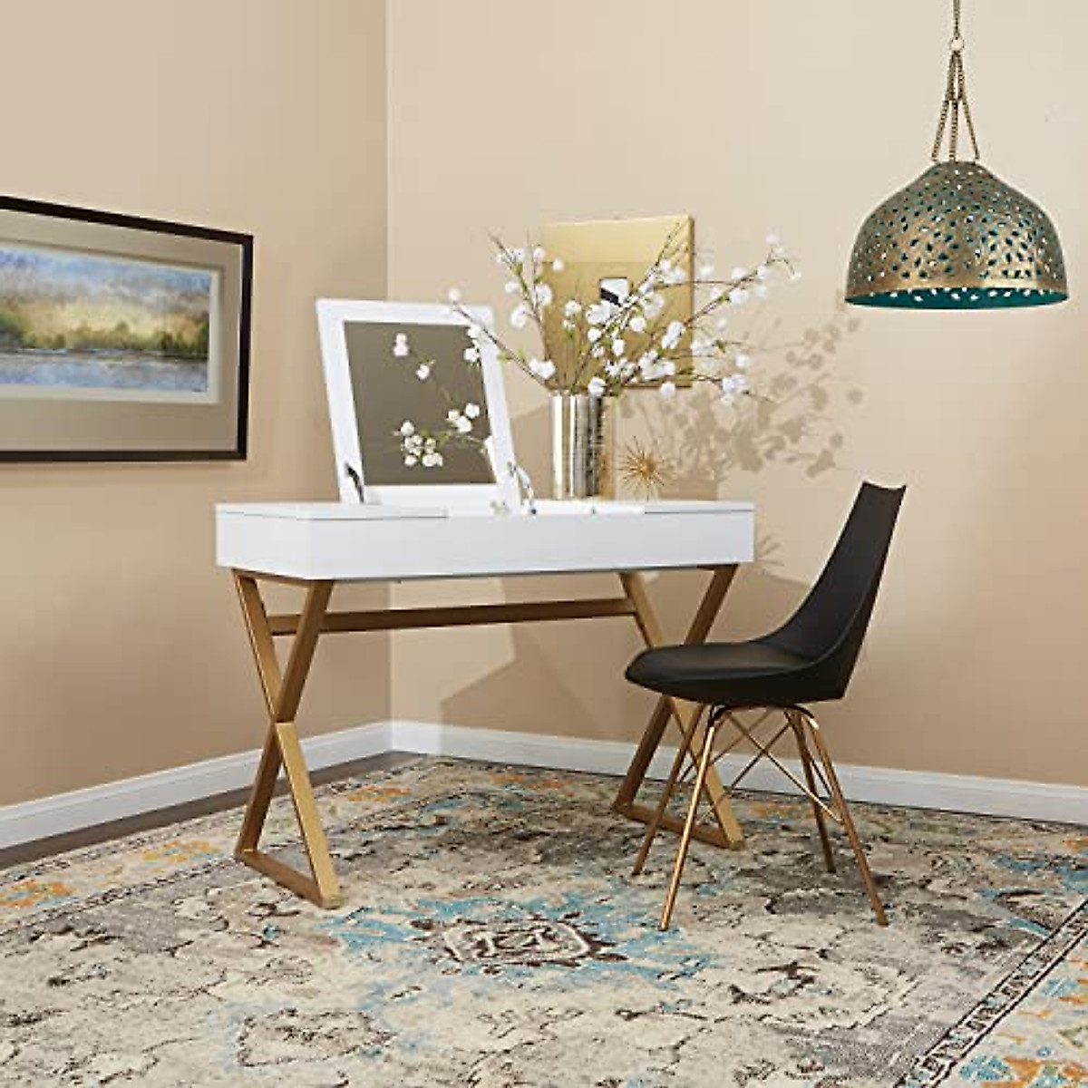 OSP Home Furnishings Oakley Mid-Century Modern Bucket Dining Chair with Faux Leather Padded Seat, Black