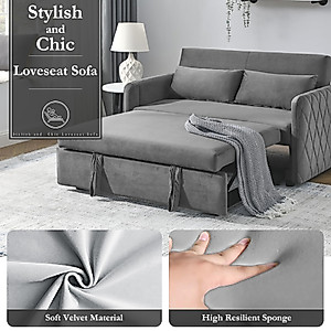 Velvet Pull Out Sofa Bed, 3 in 1 Convertible Loveseat Sleeper, Pull Out Couch with Adjustable Backrest, Side Pocket and 2 Throw Pillows, Chaise Lounge Futon Couch for Living Room Bedroom (Grey)