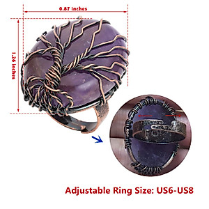 Top Plaza Handmade Retro Vintage Copper Wire Wrapped Life Tree Oval Gemstone Healing Crystal Adjustable Ring Bronze Band Size 6 7 8(Amethyst+Rose Quartz+Green Aventurine)
