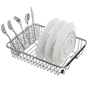 blitzlabs Dish Drying Rack Expandable Dish Drainer Rack Large Drain Dish Rack Shelf in Sink or Over Sink or On Counter Stainless Steel Dish Rack with Utensil Silverware Cutlery Holder