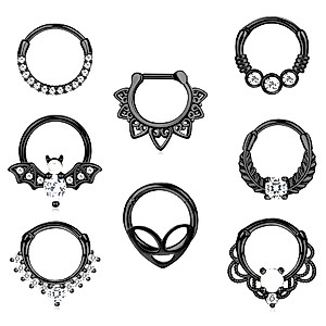 Drperfect 8MM Septum Rings 16G Daith Earrings Piercing Jewelry Surgical Stainless Steel CZ Opal Septum Clicker Rings Alien Bat Septum Hinged Segment Nose Rings Cartilage Helix Tragus Hoops