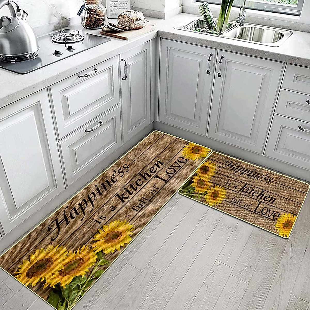 TOMWISH Sunflower Kitchen Rugs Sets 2 Piece Kitchen Mats for Floor Absorbent Doormat Non-Slip Rubber Backing Area Rugs Washable Carpet for Kitchen Floor Home,Office,Sink,Laundry 17"X47"+17"X27"