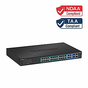 TRENDnet 28-Port Web Smart PoE+ Switch, 24 x Gigabit PoE+ Ports, 4 x Shared Gigabit Ports (RJ-45 or SFP), VLAN, QoS, LACP, IPv6 Support, 370W PoE Power Budget, Lifetime Protection, TPE-5028WS