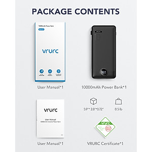 VRURC Portable Charger Built-in Cables and AC Wall Plug, USB C Power Bank 10000mAh, [2023 Upgraded Version] Phone Charger Compact Lightweight External Battery Pack for Smart Phones, Tablets etc-Black