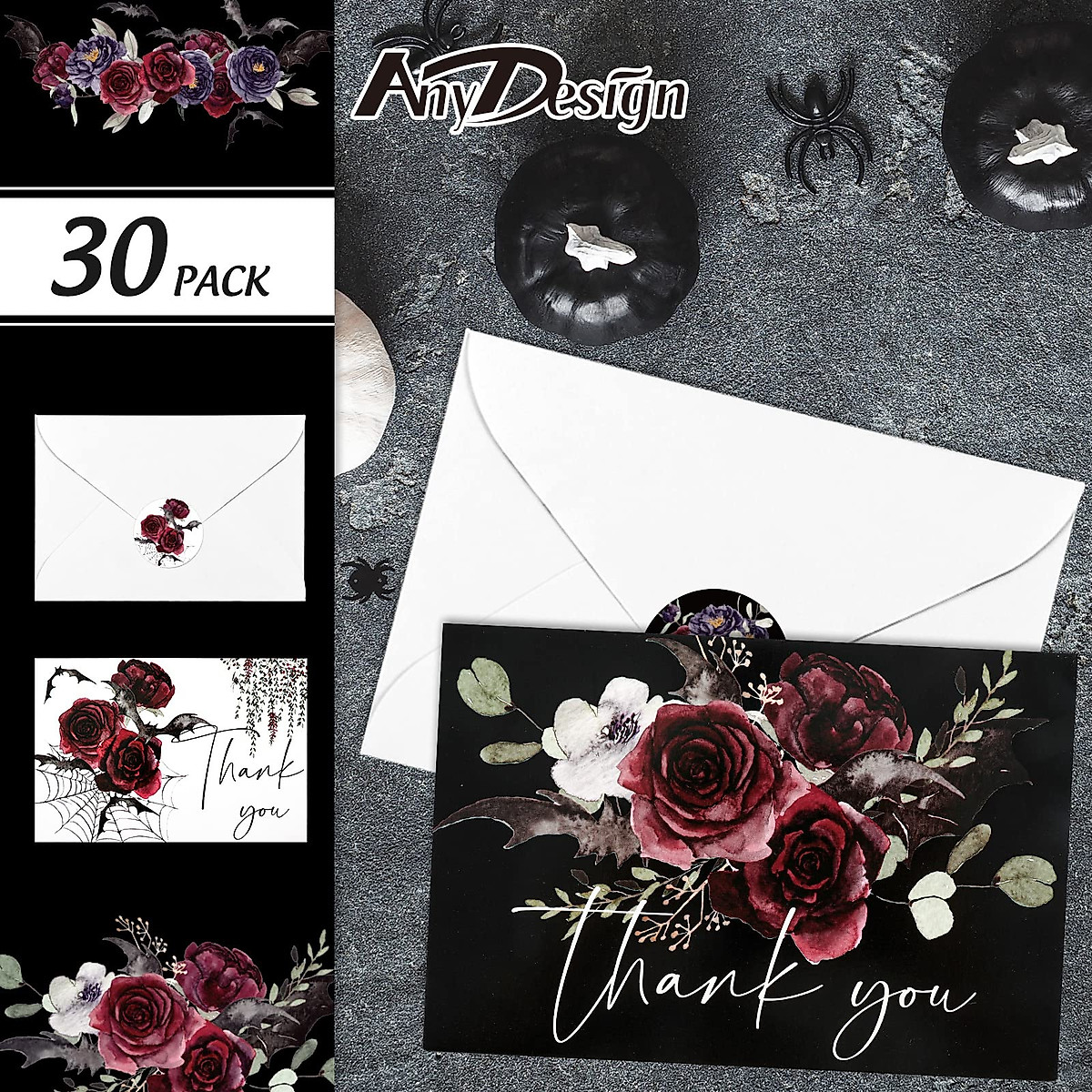 AnyDesign 30 Pack Floral Thank You Greeting Cards Watercolor Halloween Flower Bat Invitation Cards Spooky Thank You Blank Note Cards for Halloween Party Invitation Wedding Bridal Shower, 4 x 6 Inch