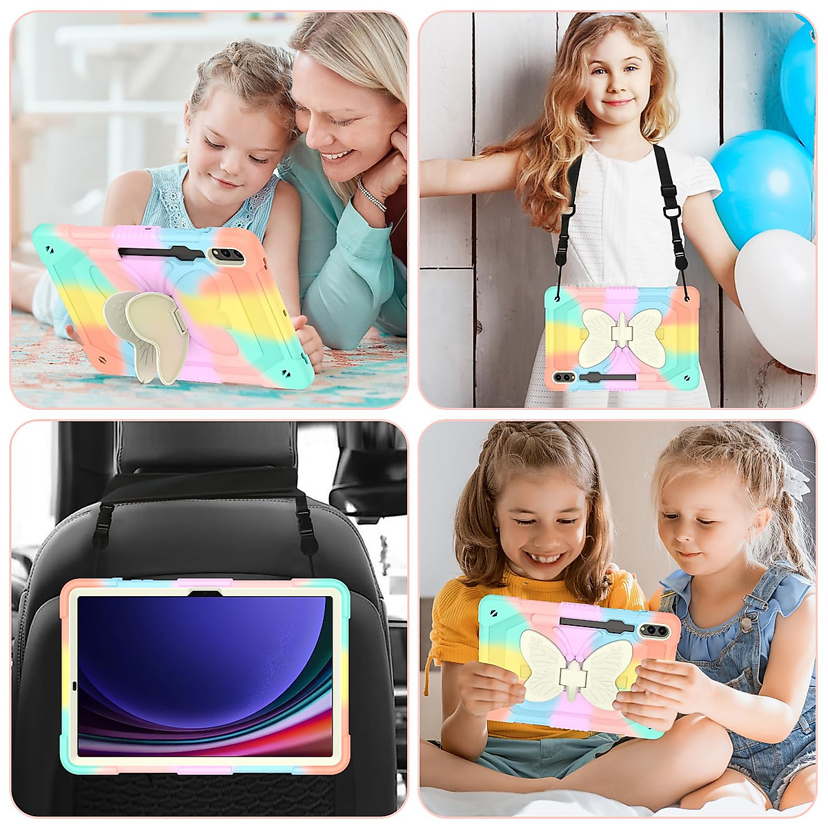 Hogenl Case for Samsung Galaxy Tab S10 Plus/Tab S9 FE Plus/Tab S9 Plus 5G Tablet 12.4'' Cover with Butterfly Stand Shoulder Strap and S Pen Holder Shockproof Full Protective for Kids Girls, Colorful