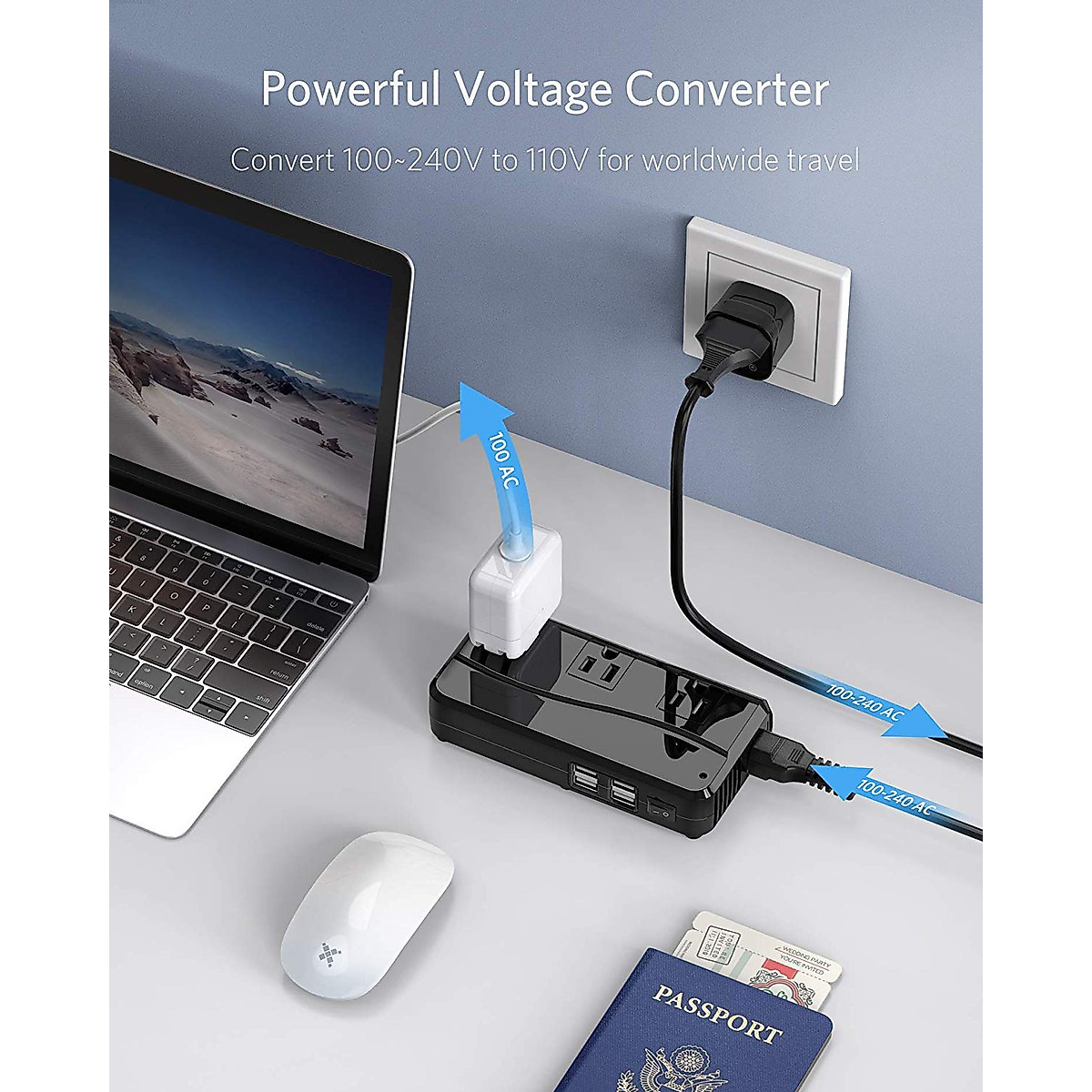 BESTEK Universal Travel Adapter 100-220V to 110V Voltage Converter 250W with 6A 4-Port USB Charging 3 AC Sockets and EU/UK/AU/US/India Worldwide Plug Adapter (Black)