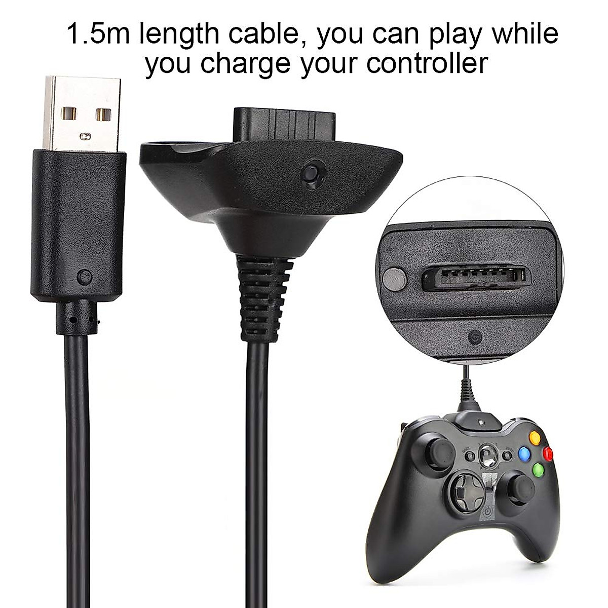 2 in 1 USB Fast Charging Cable for Microsoft Xbox 360 Controller, Charger Cord for Xbox 360 Game Controller, 1.5m/4.92ft(Black)