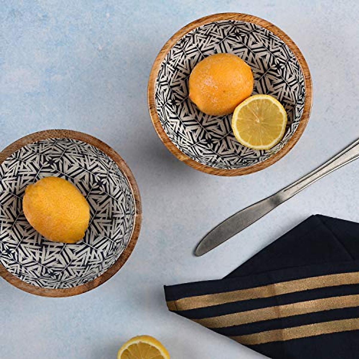 Folkulture Wooden Bowls for Food or Salad Bowls Set, Small Bowl for Serving Pasta and Cereal, Set of 2 Wood Bowl, 6 inch by 3 inch, Mango Wood, Blue Leaves