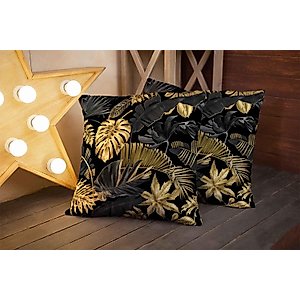 silichee Couch Pillow Covers 20 X 20 2 Pack Pattern with Gold and Black Tropical Leaves on Dark Background for Sofa Bedroom Couch Halloween Christmas Thanksgiving