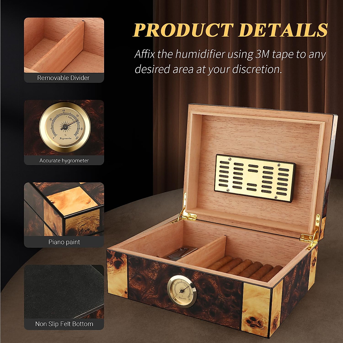 FANKAI Cigar Humidor, Cedar Wood Cigar Case Box with Humidifier Accessories, up to 60 Cigars, Gift for Men