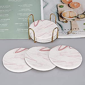 6 Pcs Cute Pink Marble Coasters with Holder Absorbent Ceramic Cup Coasters Best Decorative Round Cool Coaster Set Bar Modern Coasters Table Drink Coasters