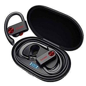 XLEADER Wireless Sports Earbuds Sport3 Pro Bluetooth Earphones with LED Display Charging Case 48H Playtime IPX7 Waterproof Deep Bass Microphone for Running Workout Gym Red