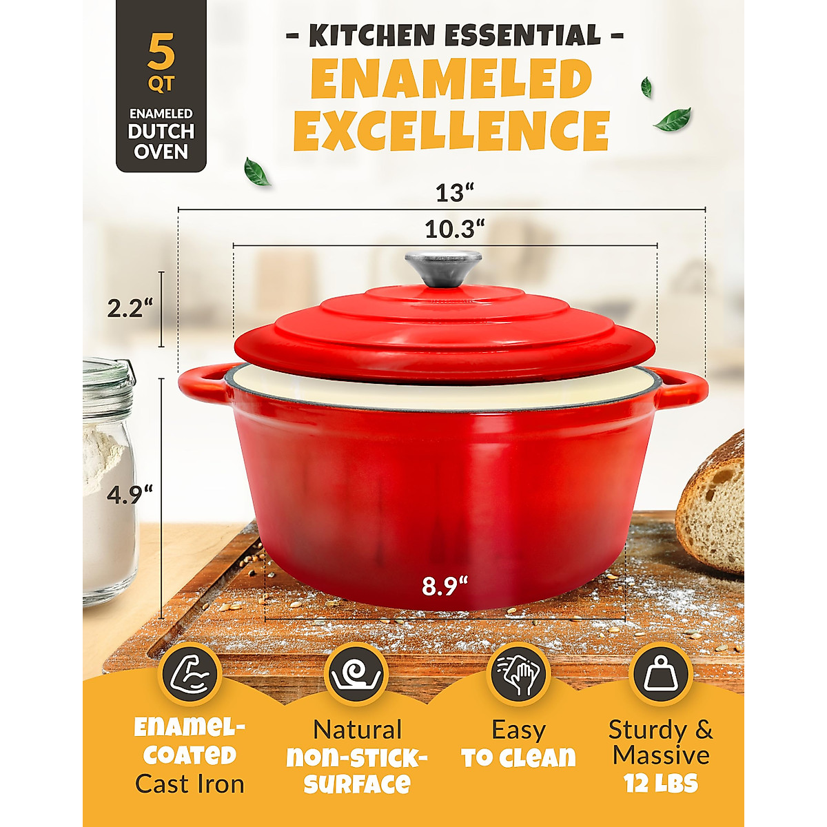 CRUSTLOVE Dutch Oven for Bread Baking - incl. Sourdough Bread Baking Supplies like Banneton Bread Proofing Basket - 5QT Enameled Cast Iron Bread Oven with Lid Bread Banking Pan Pot Scoring Tool Lame