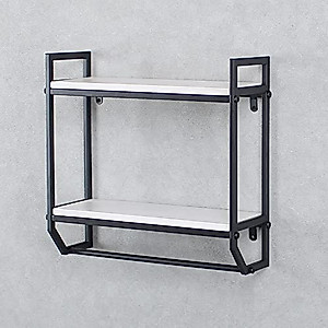 Bathroom Shelves 2-Tier Metal Industrial 16.9" Wall Mounted,Rustic Wall Shelf Over Toilet,Towel Rack with Towel Bar,Utility Storage Shelf Rack,Floating Shelves Towel Holder,Retro White