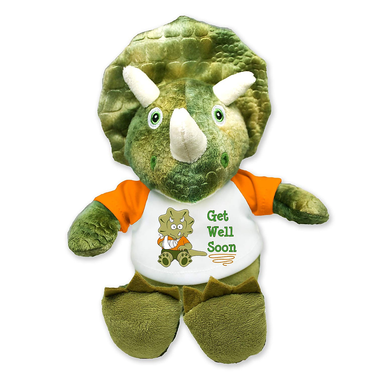 Flutter Hut Get Well Soon Triceratops Plush Dinosaur Message T-Shirt Orange Sleeves 8 Inches