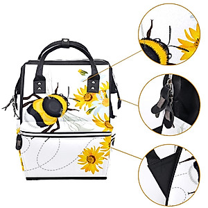 Bumble Bee and Flowers Diaper Bag Backpack, Large Capacity Muti-Function Travel Backpack