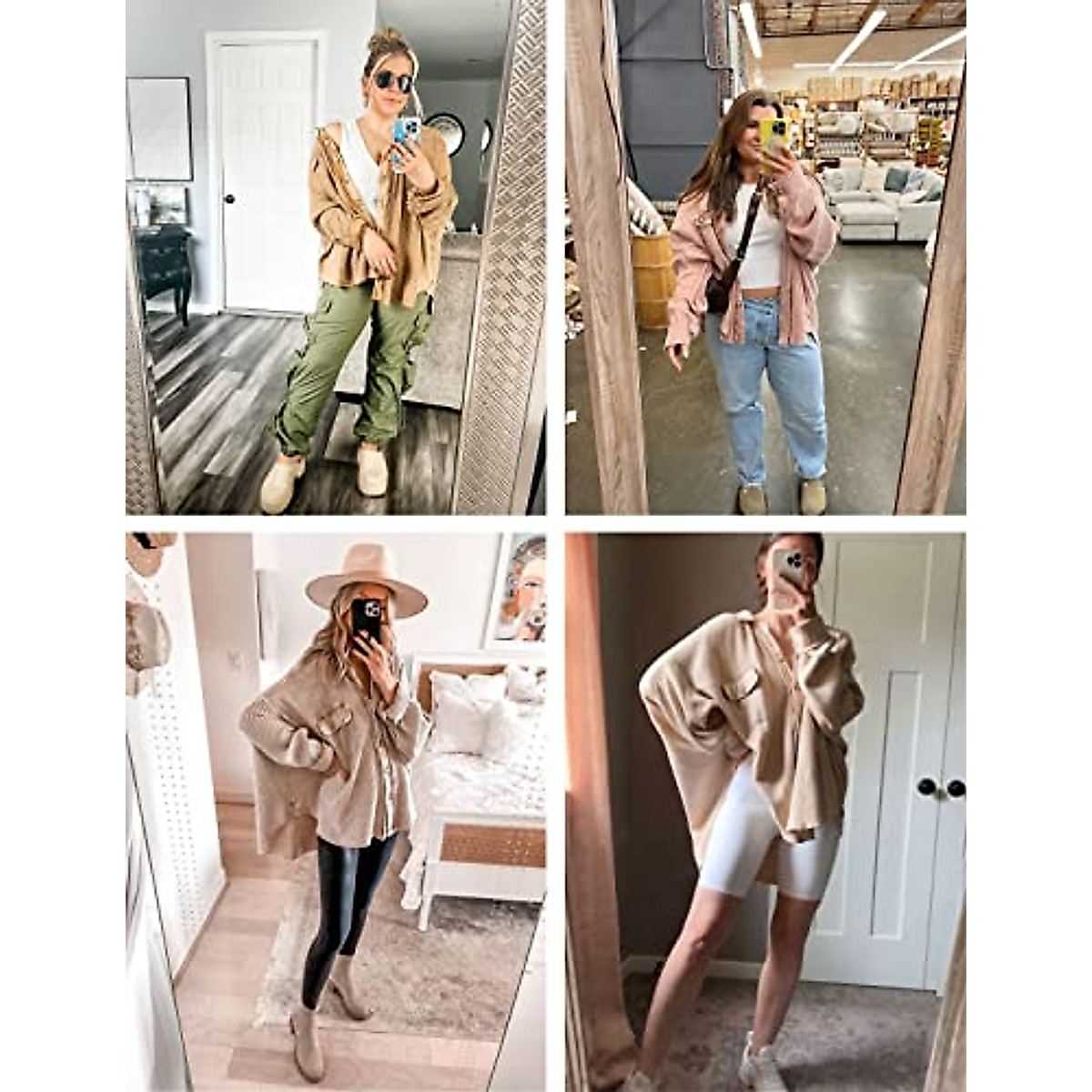 Freyhem Women's Oversized Waffle Knit Shacket One Scout Jacket Boyfriend Button Down Long Dolman Sleeve Shirts(Beige-L)