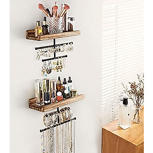 Keebofly Hanging Wall Mounted Jewelry Organizer with Rustic Wood Jewelry Holder Display for Necklaces Bracelet Earrings Ring Set of 2 Carbonized Black,[Patented]