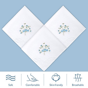 Selected Hanky Women's Cotton Handkerchiefs Flower Embroidered with Lace, Ladies Hankies 6 Pcs - Blue Floral