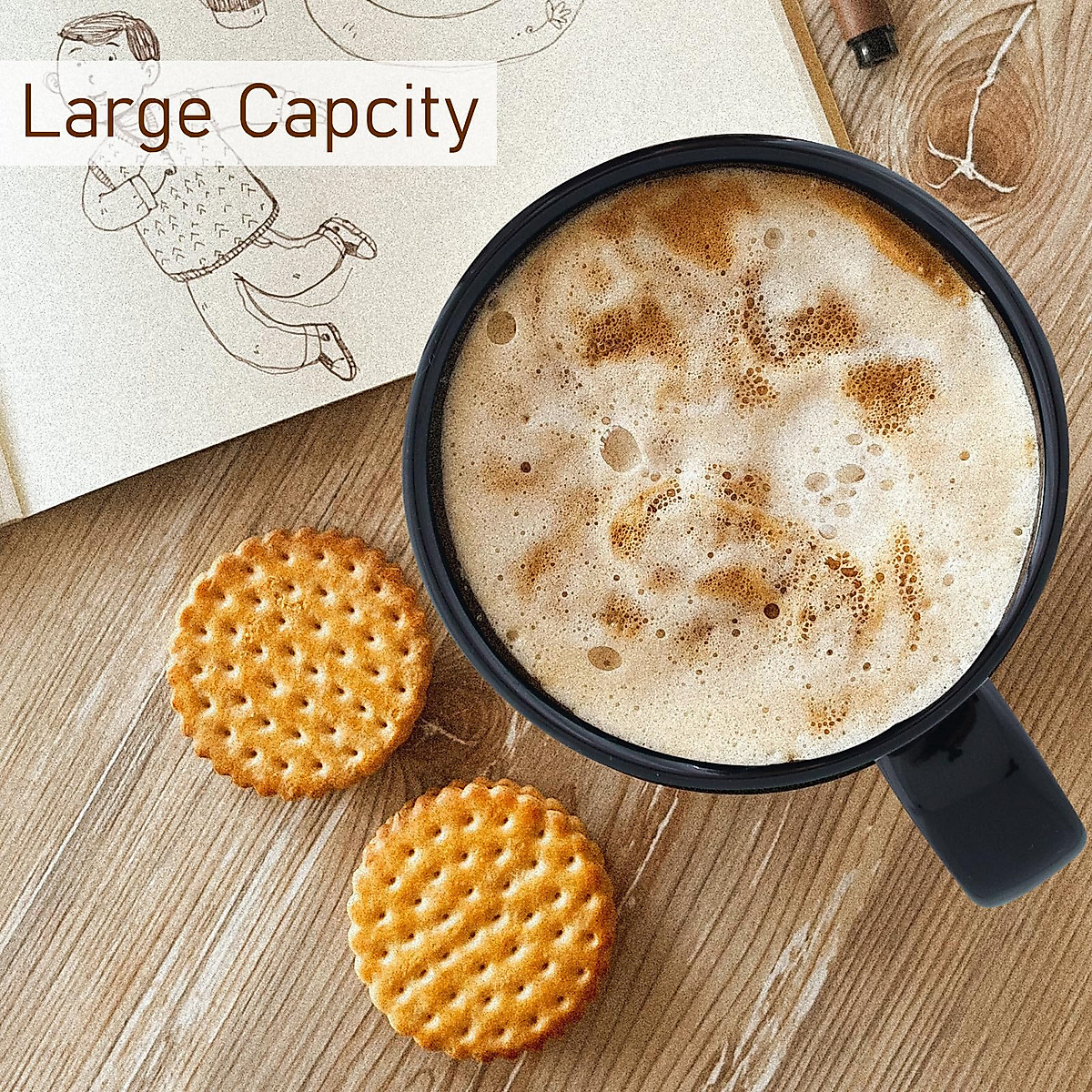 YINUOWEI 20oz Porcelain Coffee Mugs Set of 4, Large Tall Coffee Mugs with Handles, Modern Ceramic Coffee Cups for Coffee, Tea, Cocoa, Milk, Gifts for Women Men - Black