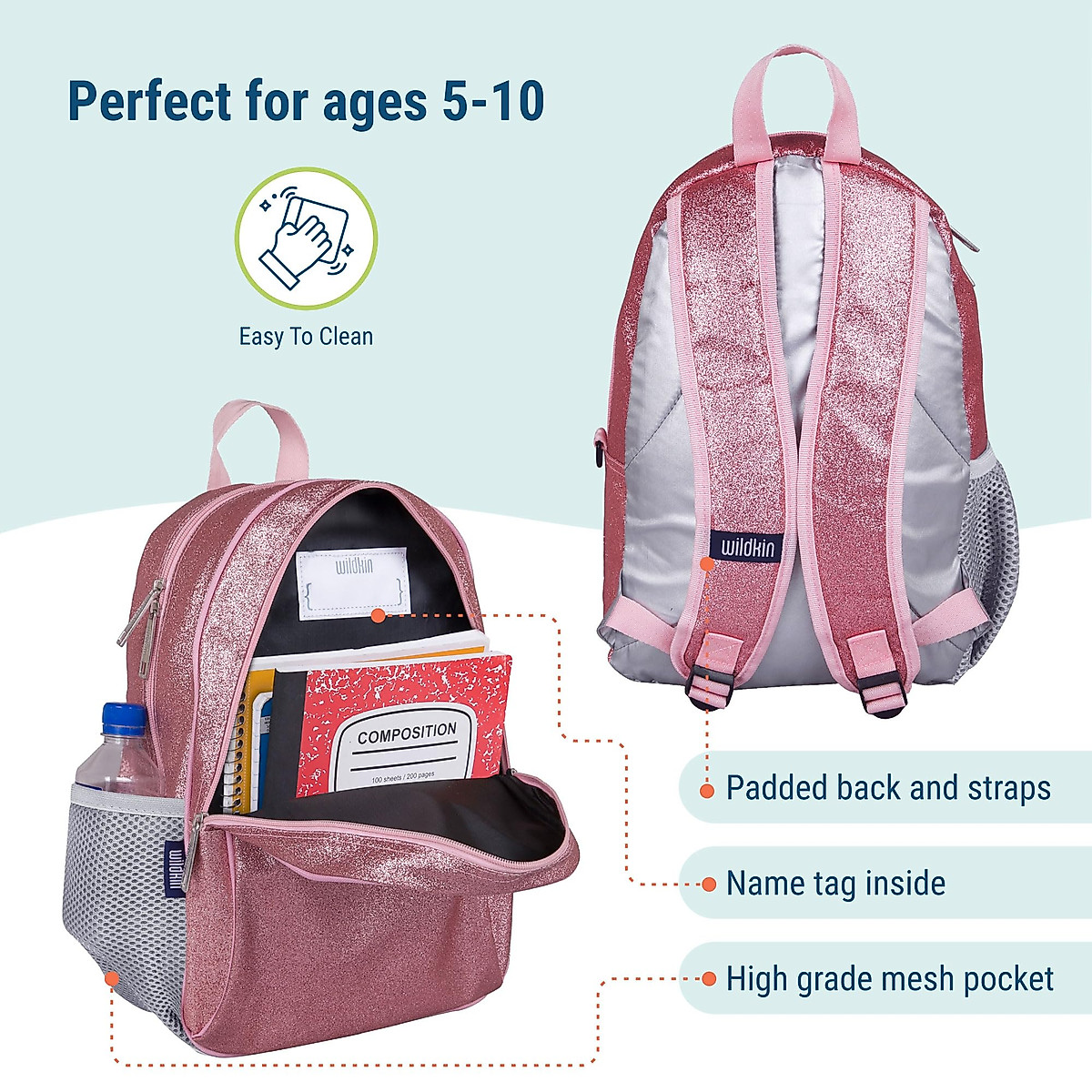 Wildkin 15-inch Kids Backpack – Durable, Padded, Adjustable for School & Travel - Pink Glitter