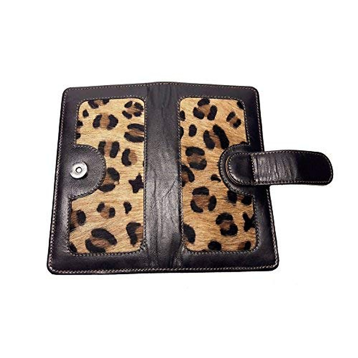 LW-1803 Black Leopard Ladies Wallet|10 card slots|1 card window|4 slide pockets|1 zip pocket | cowhide black leather & Cowhide Leopard