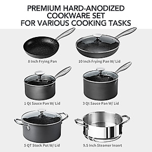 MICHELANGELO Hard Anodized Cookware Set - 10 Pcs Non Stick Pots and Pans Set with Granite Interior, Induction Cookware Set with Steamer Insert
