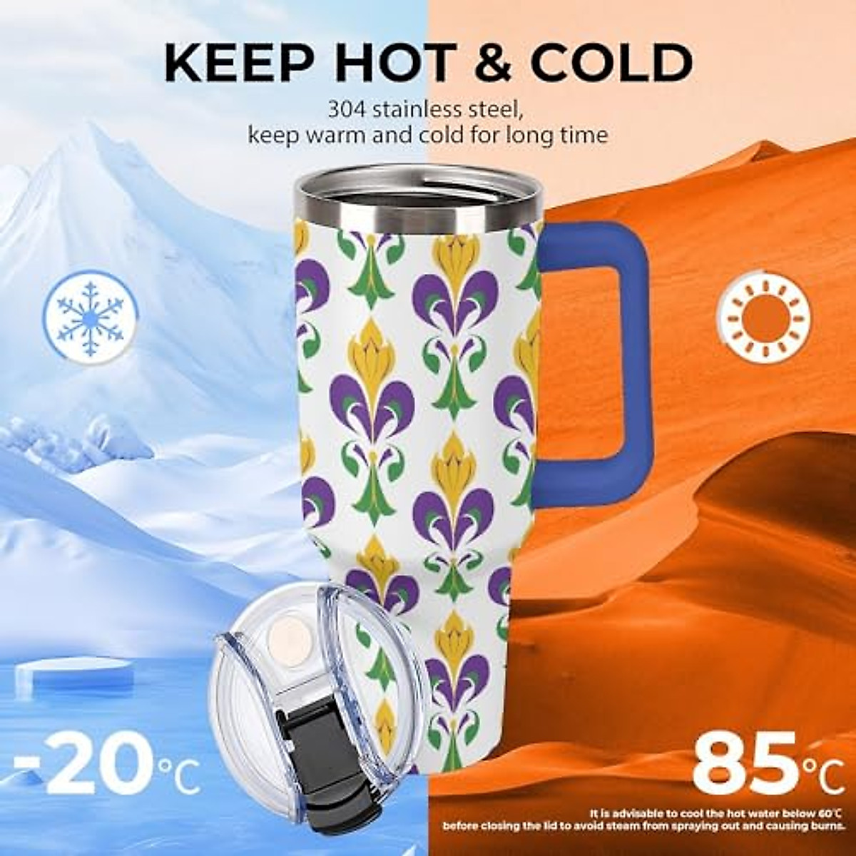 Mardies Grass De Lis 40 Oz Tumbler Insulated Stainless Steel Water Bottle Travel Mug Car Cup with Handle And Straw