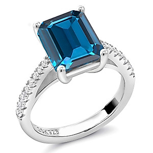 Gem Stone King London Blue Topaz and White Created Sapphire 925 Sterling Silver Women's Engagement Ring (4.26 Cttw, Gemstone Birthstone, 10X8MM Emerald Cut) (Size 9)