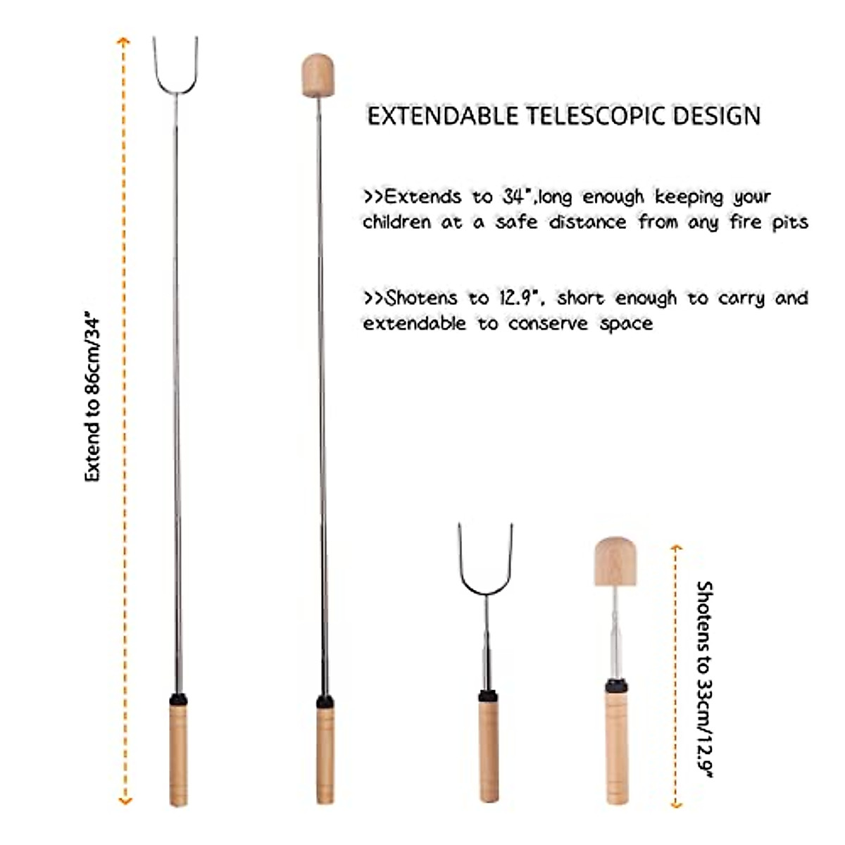 Marshmallow Roasting Sticks With Interchangeable Heads | 8 Pieces Campfire BBQ Kit Great For And Hot Dogs Biscuit Cup Smores Fire Pit Excellent Camping, Hiking, nature wood color