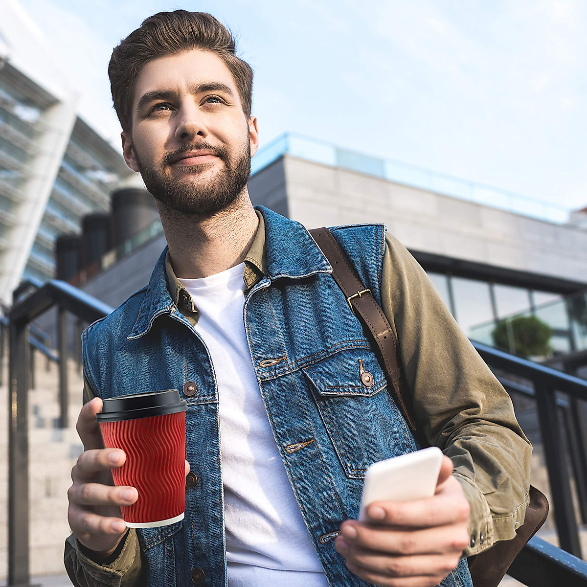 NYHI Pack of 100 10 oz Red Paper Cups with Black Lids Coffee Cups Disposable BPA Free Insulated Ripple Kraft Paper Cups To go Cups for Hot or Cold Drinks Office Home Canteen Party Travel