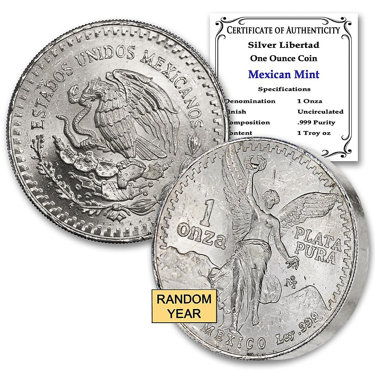 1982 - Present (Random Year) 1 oz Mexican Silver Libertad Coin Brilliant Uncirculated with Certificate of Authenticity - Moneda de Plata Pura de Ley 1 Onza BU