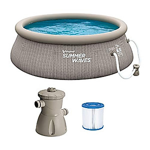 Summer Waves P1B01036A 10ft x 36in Round Quick Set Inflatable Ring Above Ground Swimming Pool with Filter Pump, Gray Basketweave Print