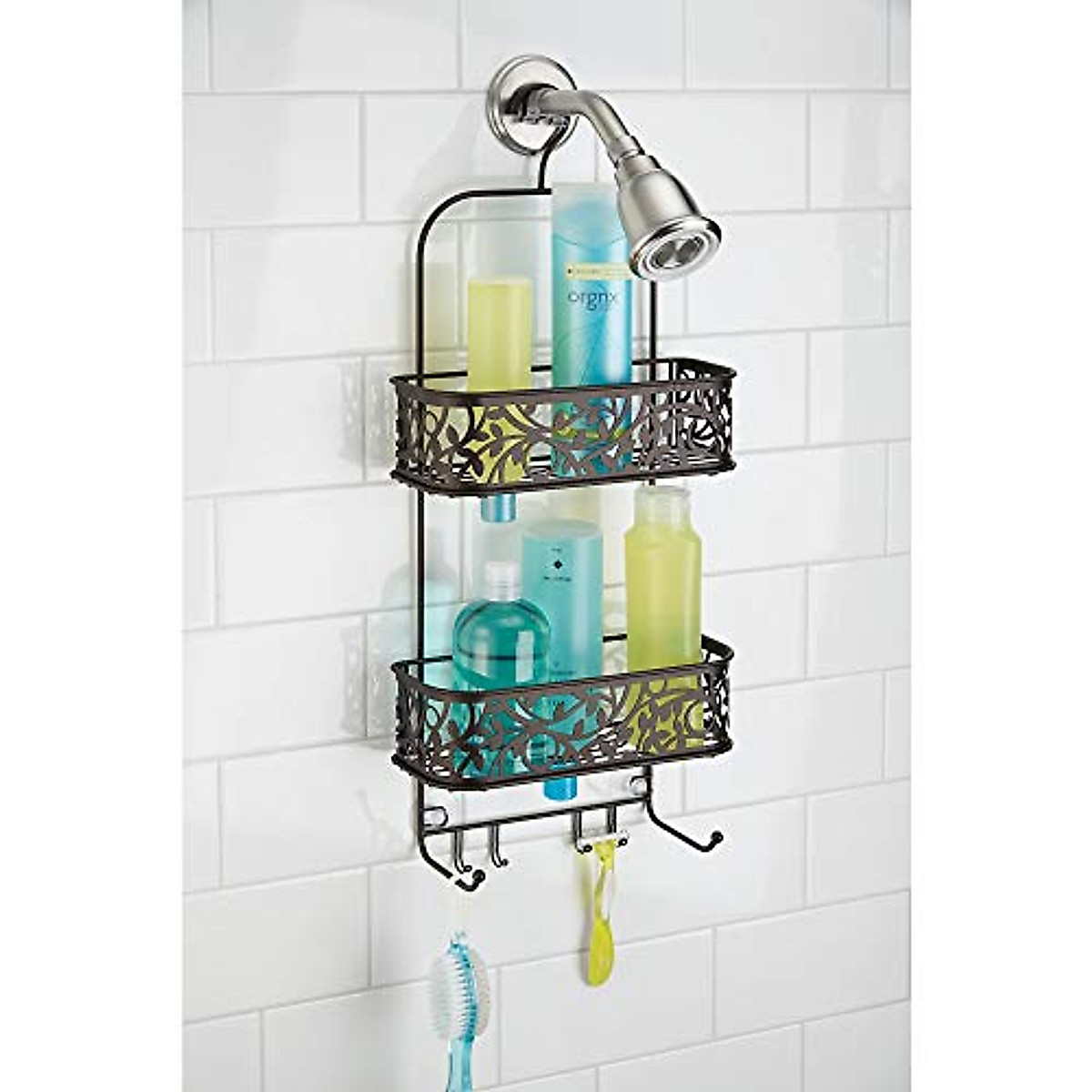 iDesign Vine Metal Wire Hanging Shower Caddy, Extra Wide Space for Shampoo, Conditioner, and Soap with Hooks for Razors, Towels, and More, 10.5" x 4.5" x 25"