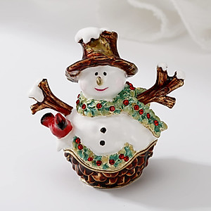 Hand Painted Enamel Trinket Box, Hinged Jewelry Organizer Mini Ring Earrings Storage, Unique Home Decor Figurine Keepsake Collectible, Personalized Elegant Handmade Ornament (White Snowman)