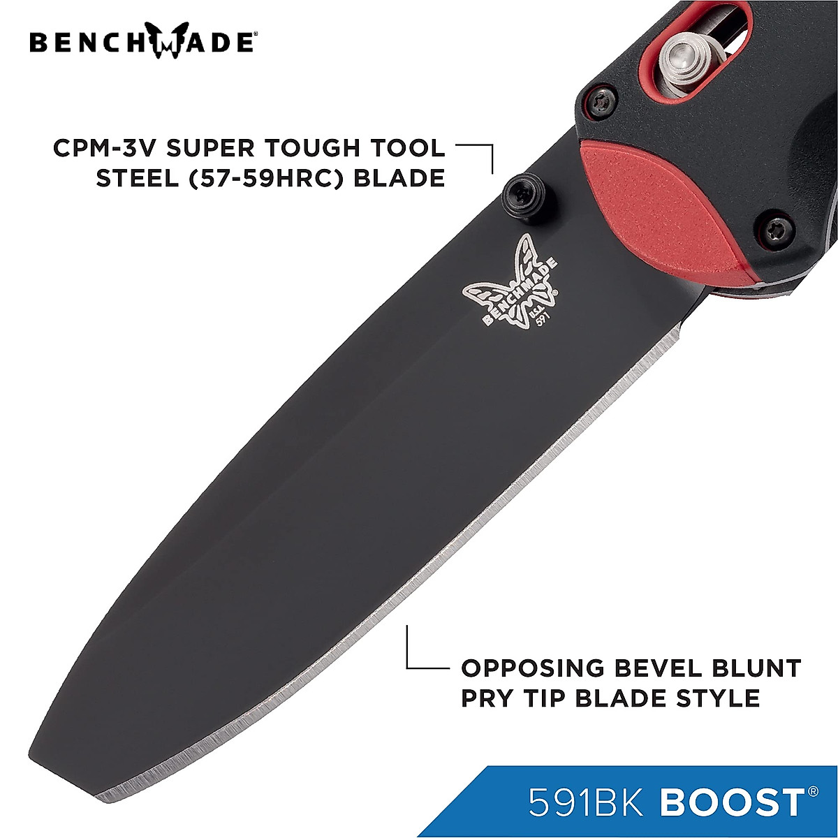 Benchmade - 591BK Boost Knife, Opposing Bevel Blade, Plain Edge, Black/Red Grivory Handle