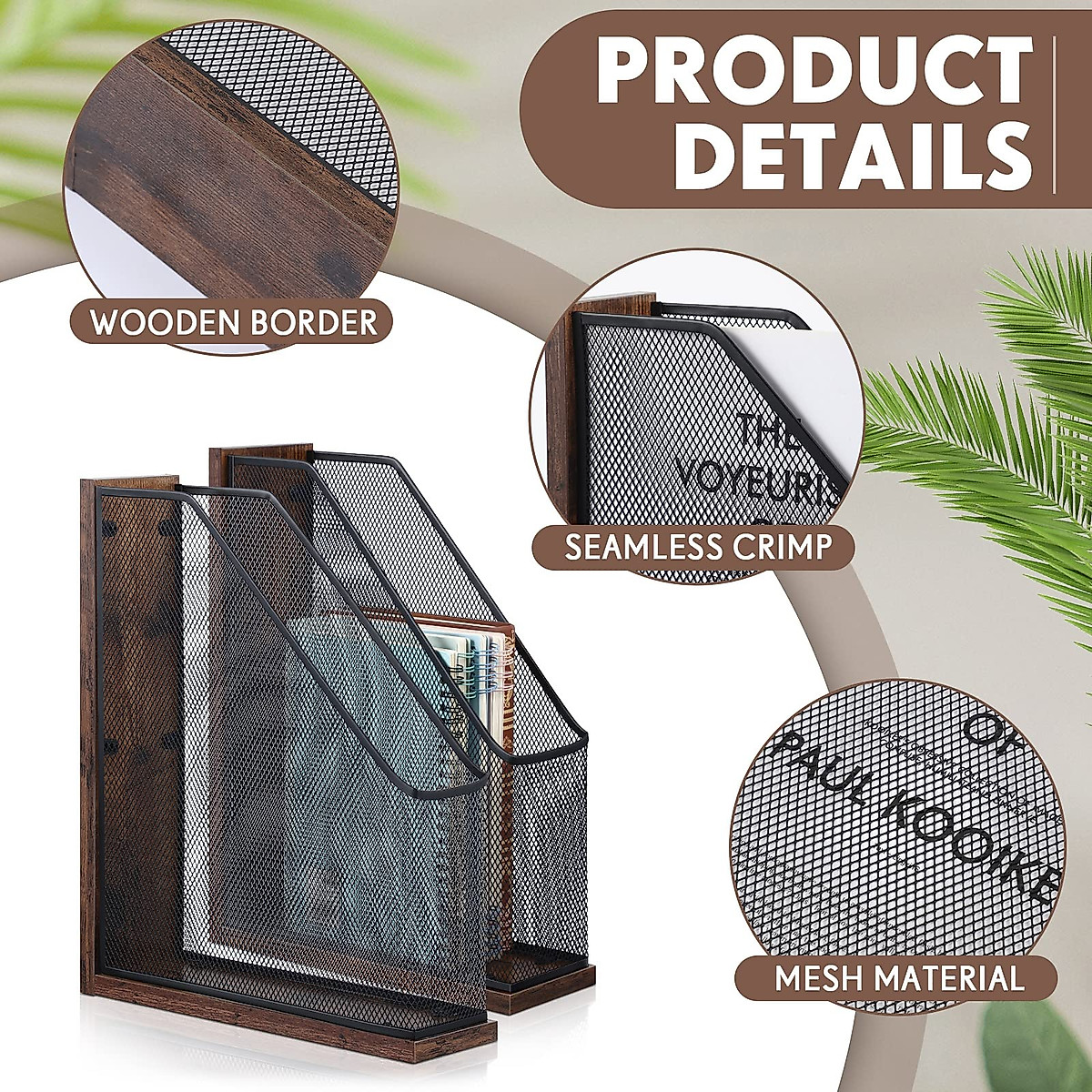 Perkoop 2 Pcs Mesh Magazine File Holder Metal Wooden Magazine File Holder Antique Mesh Wire File Organizer Desktop Magazine Rack Metal Desk Organizer for Document Folder School Office File Storage