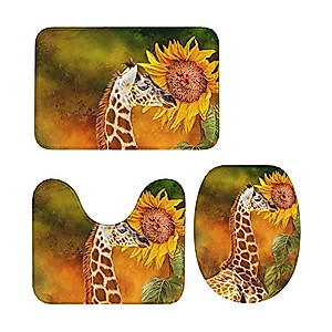 Danlim Anti Slip Bathroom Non Slip Rugs, Luxurious Super Soft Flannel Anti Slip Mat 3 Pieces/Set,Super Absorbent,Machine Washable Giraffe and Sunflower