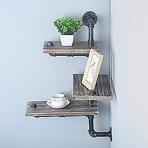 Industrial Pipe Wall Mount 3-Tiers Bookshelf, Metal&Wood Corner Shelves,DIY Storage Shelving Rustic Floating Shelves,Home Decor Shelves,Retro Gray