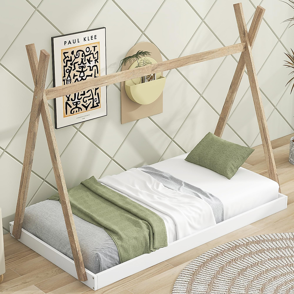 Merax Twin Wood Teepee Bed, Cute Floor Tent Bed for Kids Boys Girls,Easy Assemble White/Natural