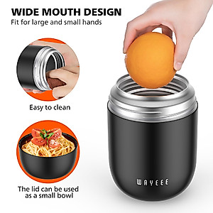 WayEee Food Containers for Hot Food Insulated Food Jar, Vacuum Bento Box Lunch Containers 16 oz for Kids Adults, Airtight Stainless Steel Soup Containers with Spoon, for School, Travel, Picnic - Black