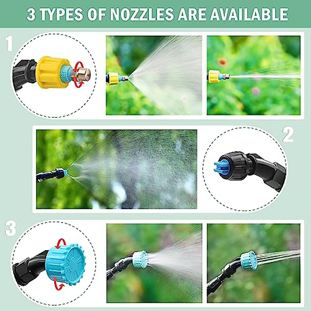 Garden Sprayer 1.35Gallon/5L Battery Powered Sprayer with USB Rechargeable Handle, Weed Sprayer with 3 Mist Nozzles, Portable Electric Sprayer with Shoulder Strap for Cleaning, Lawn, Green