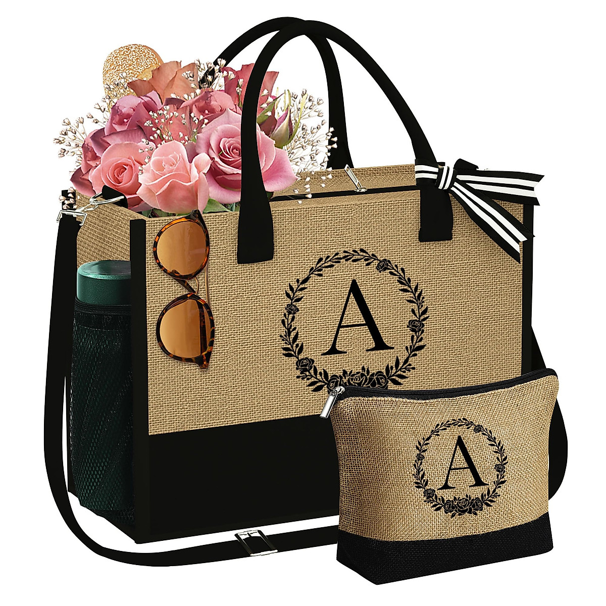 YOOLIFE Valentines Day Gifts for Girlfriend - Initial Jute Beach Tote Bag Travel Bag, Party Favors Personalized Birthday Gifts for Women Mom Friend Female Sister Bridesmaid Proposal Bag Gift Idea A