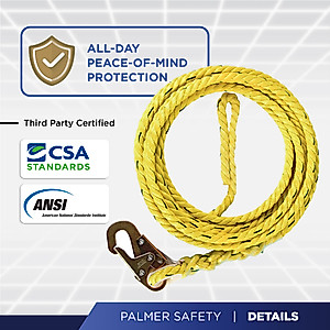 Palmer Safety Fall Protection 50' Vertical Rope Lifeline with One Locking Snap Hook I 5/8" Diameter Co-Polymer Twisted Rope I Ideal use for Climbing, Roofing, Scaffolding, Search & Rescue (Yellow)