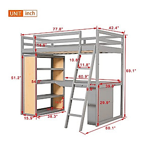 Harper & Bright Designs Loft Bed with Desk and Drawer, Wood Twin Desk,Shelves Cabinet Underneath, High Storage for Kids, Boys,Girls,Teens (Grey), Twin(Desk+Shelves+Ladder)