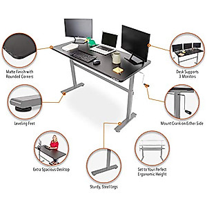 Stand Steady Tranzendesk 55 Inch Standing Desk | Easy Crank Height Adjustable Sit to Stand Workstation | Modern Ergonomic Desk Supports 3 Monitors | Great for Home & Office! (Black Top/Silver Frame)