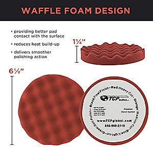 TCP Global 6.5" Red Waffle Heavy Cut Grip Foam Polish Buff Pad - DA Hook & Loop