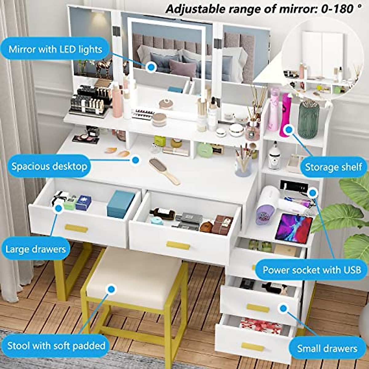 PAKASEPT Vanity Set with Lighted Tri-fold Mirror, 45.59'' Large Vanity Desk with Charging Station, 3-Color Adjustable Touch Light, 5 Drawers, Storage Shelves&Cushioned Stool Makeup Vanity for Bedroom