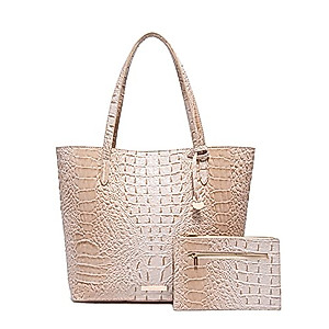 Leather Crocodile-Embossed Pattern With Women Handbags Large Tote Shoulder Bag Top Handle Satchel Hobo (Khaki)